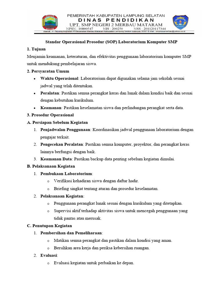 Standar Operasional Prosedur Lab Komputer | PDF