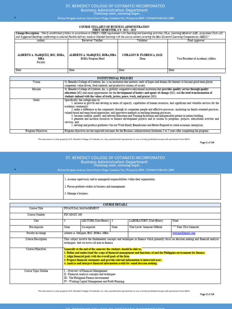 Business Administration Syllabus 2022-2023 | PDF | Equity (Finance) | Risk