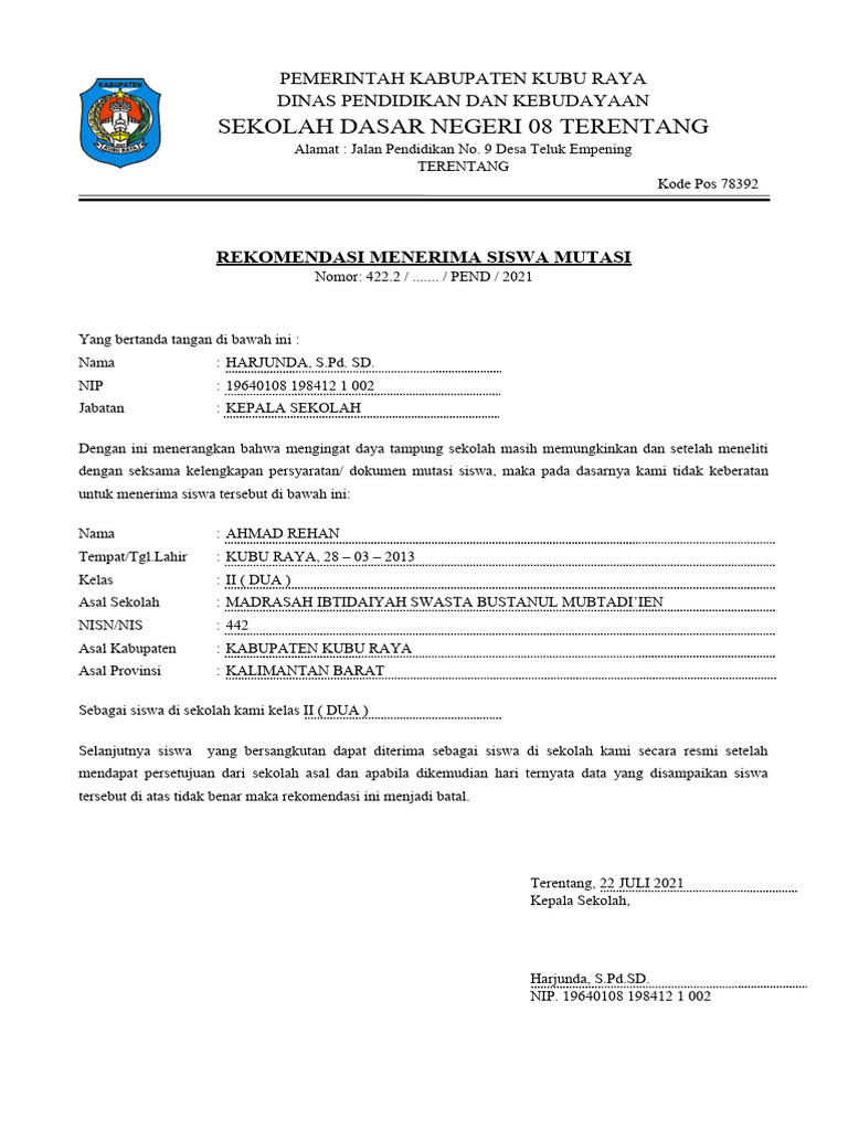 Rekomendasi Menerima Siswa Mutasi Ahmad Rehan | PDF