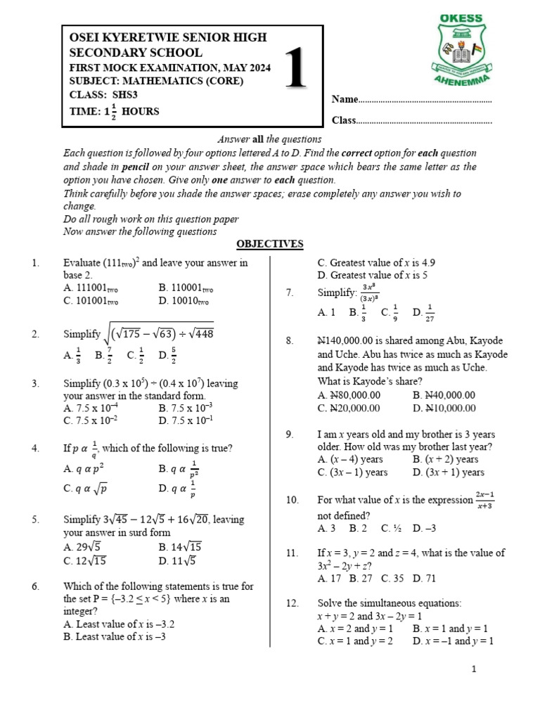SHS3 Core Math Mock Exam 2024 | PDF