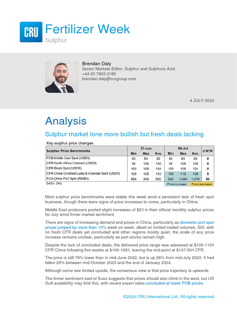 Sulphur Weekly Report 04 07 2024 | PDF | Fertilizer | Forecasting