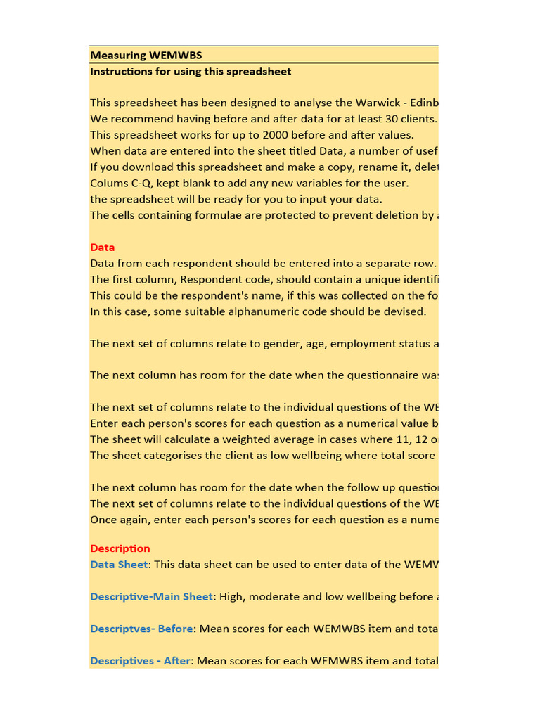 Excel Spreadsheet For Calculating Scores With Wemwebs | PDF | Spreadsheet