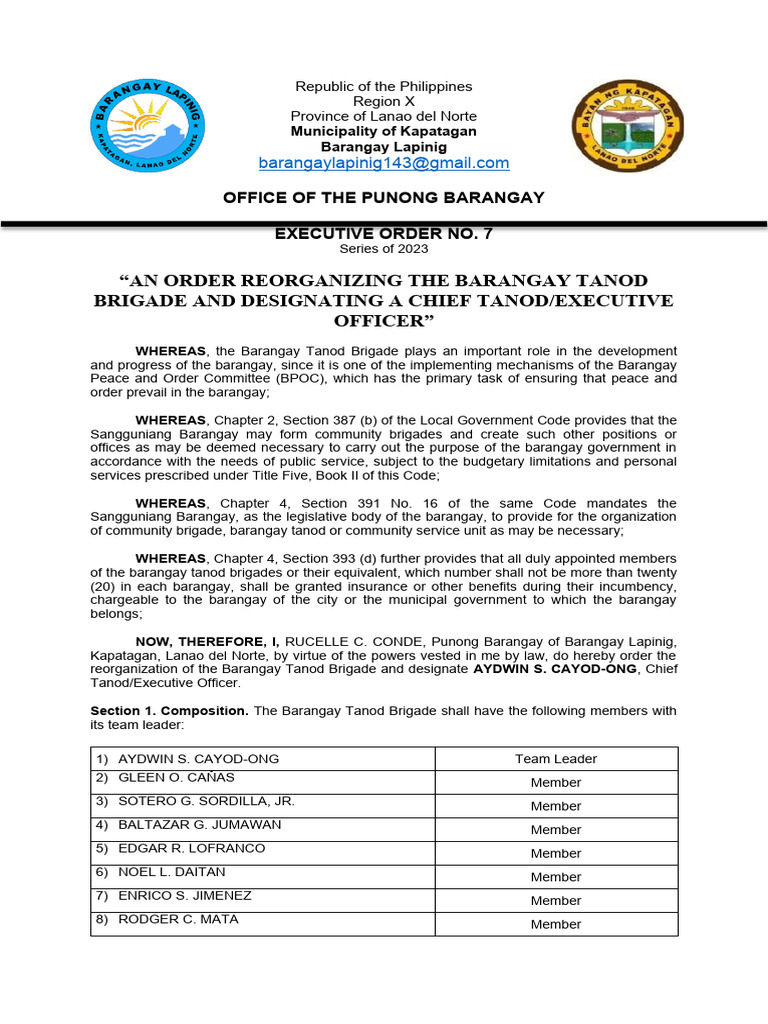 Barangay Tanod EO | Download Free PDF | Smuggling | Fire Safety