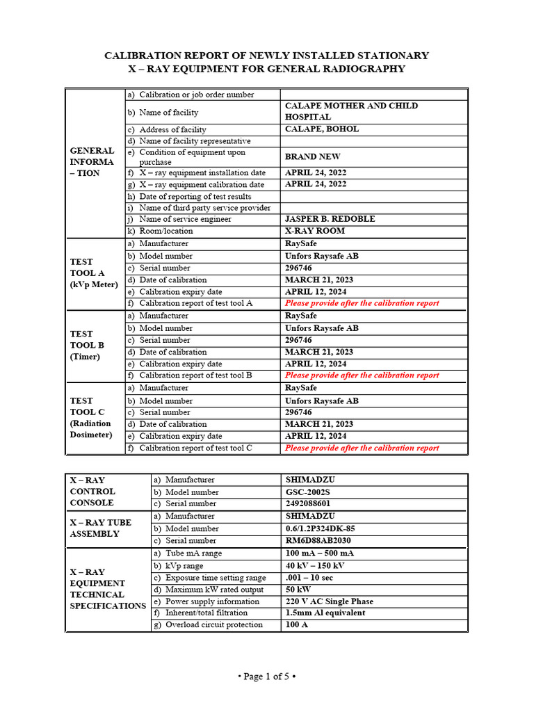 Calibration Report Template For General Radiography Stationary | PDF ...
