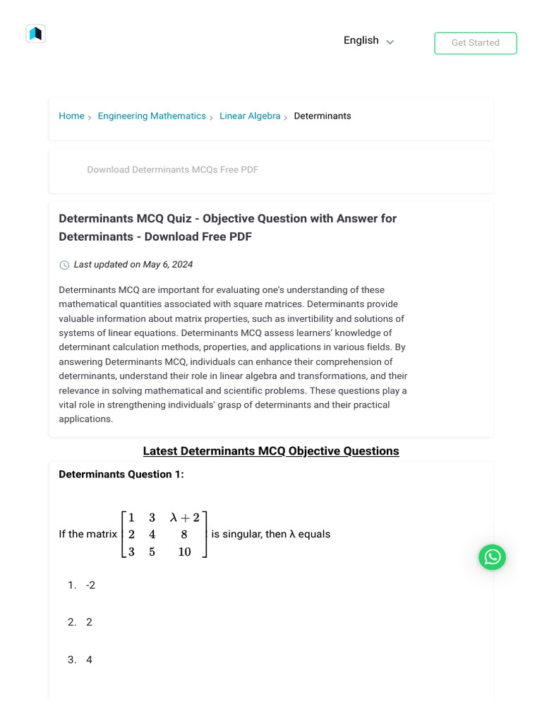 Determinants MCQ (Free PDF) - Objective Question Answer For Dete | PDF | Determinant | Matrix ...