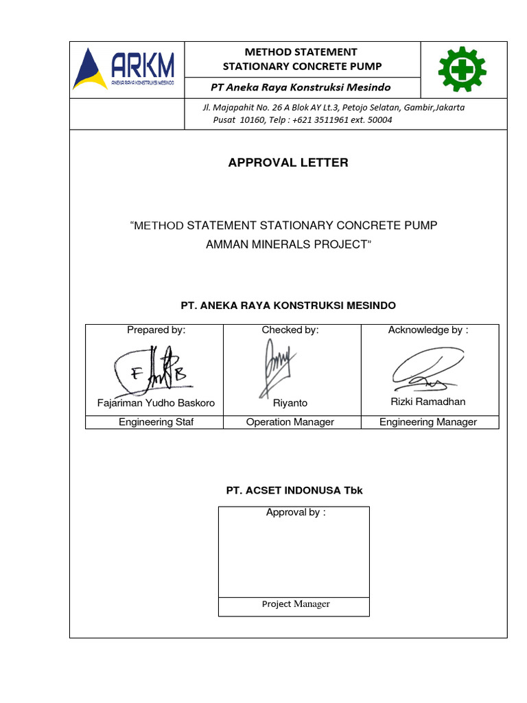 Method Stationary Concrete Pump (SCP) Project Acset - Tongo Landslide ...