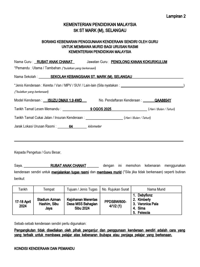BORANG KEBENARAN PENGGUNAAN KENDERAAN GURU-Lampiran 2 | PDF
