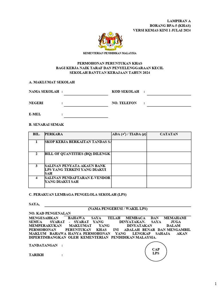 Lampiran A Borang Bpa 5 Khas Versi Kemas Kini 01 Julai 2024 Pdf