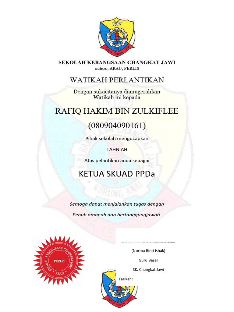 Sijil Watikah Perlantikan Skuad Ppda SKCJ 2020 | PDF