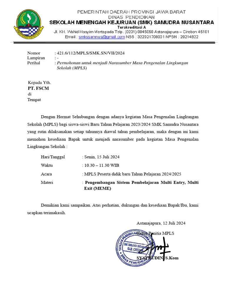 Surat Undangan Narasumber Pt. FSCM | PDF