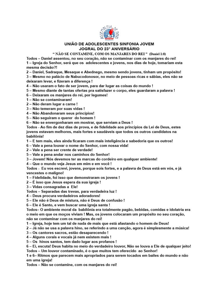 Jogral “ NÃO SE CONTAMINE, COM OS MANJARES DO REI ” (Daniel 1_8) (2 ...
