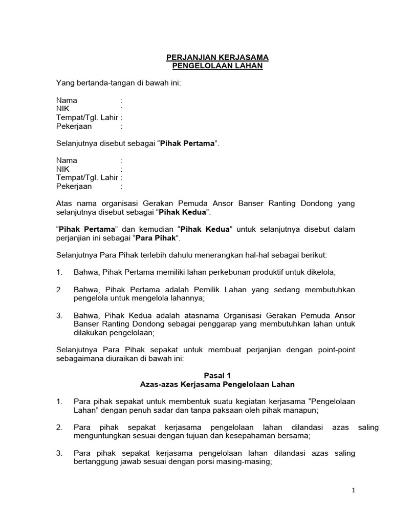 Perjanjian Pengelolaan Lahan G.P.ansoR BANSER Dondong | PDF | Hukum