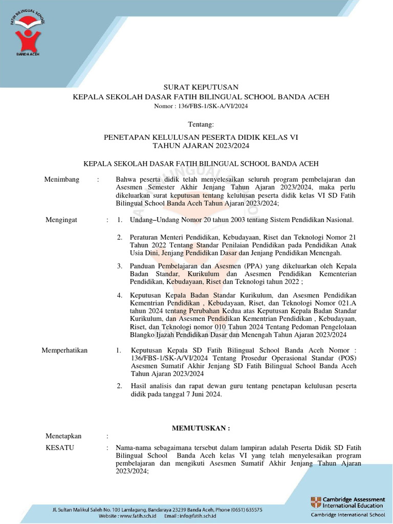 SK Kepala Sekolah - Keputusan Kelulusan SD FBS 2024 | PDF