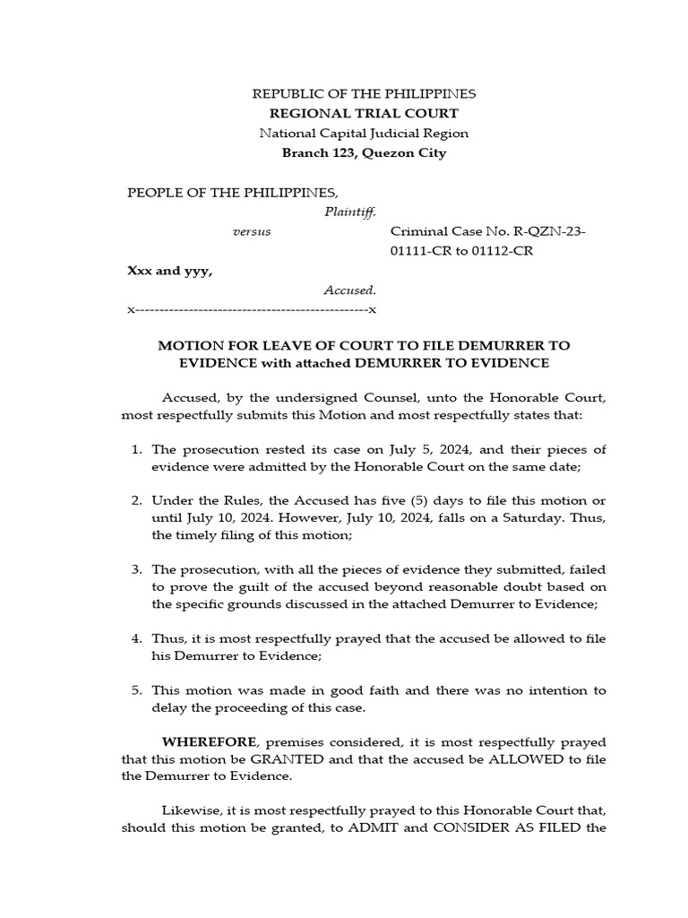 Motion for Demurrer to Evidence in Court | PDF | Demurrer | Government
