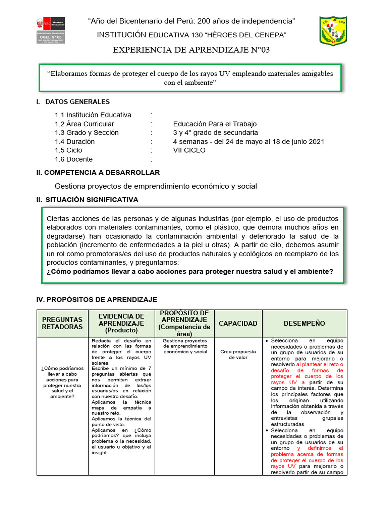 EXPERIENCIA DE APRENDIZAJE III - EPT 3° y 4° grado | PDF | Aprendizaje | Lluvia de ideas
