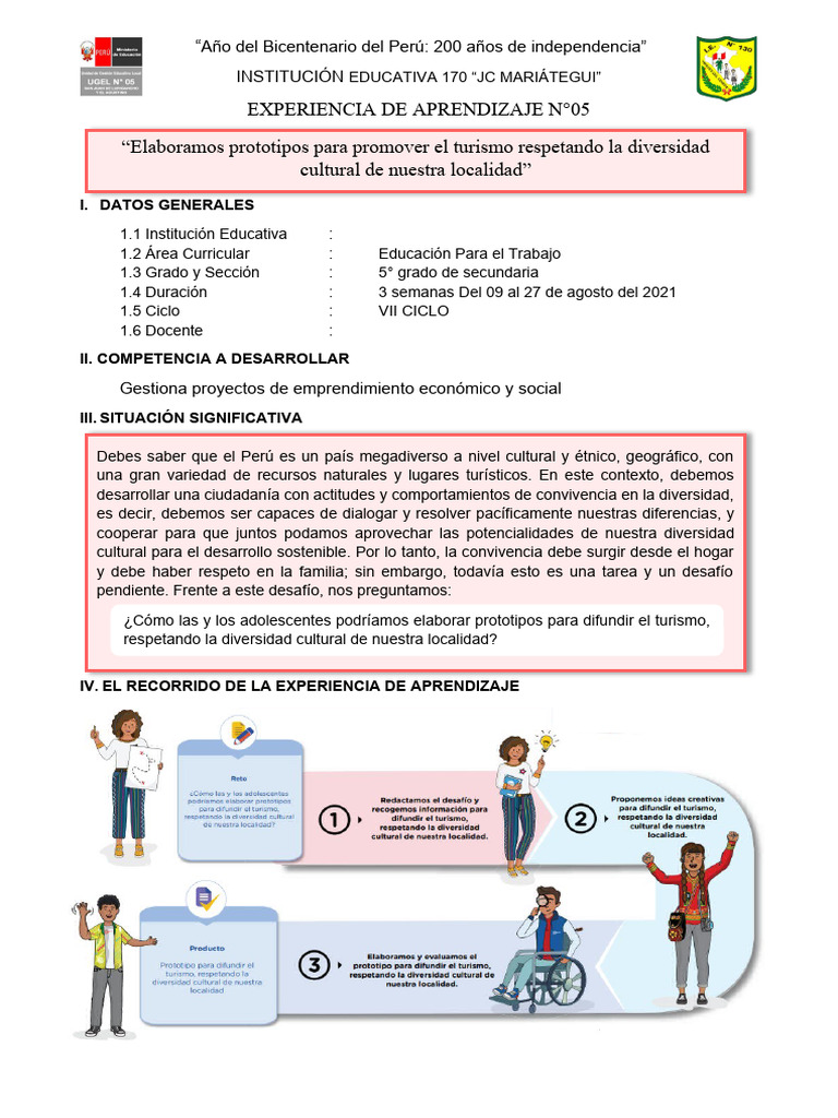 EXPERIENCIA DE APRENDIZAJE V EPT 5°grado | PDF | Turismo | Aprendizaje