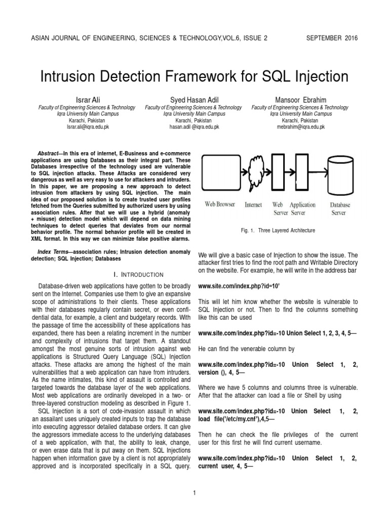 Intrusion Detection Framework For SQL in | PDF | Databases | Xml