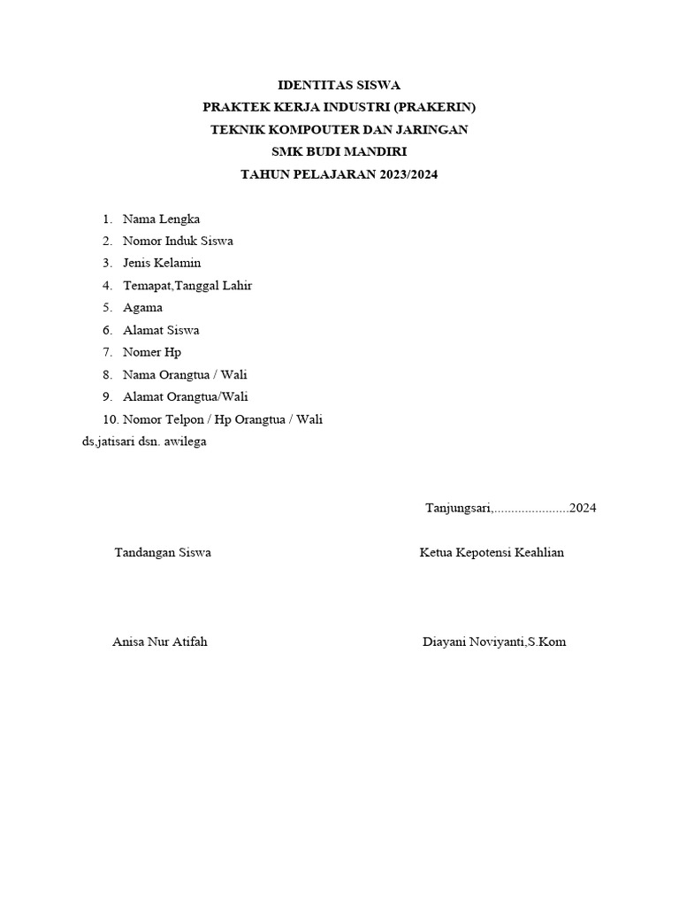 Identitas Siswa SPTH | PDF