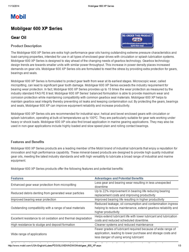 Mobilgear 600 XP Series PDS | PDF | Gear | Lubricant