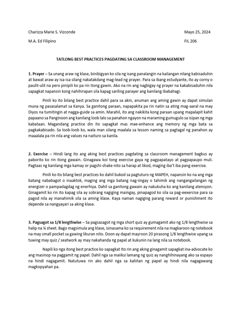 FIL 206 - Pamamahala Sa Silid-Aralan | PDF