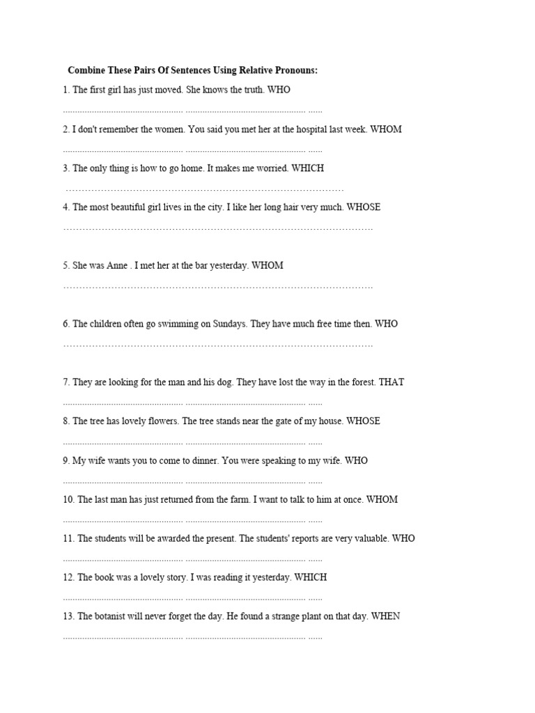Combine These Pairs of Sentences Using Relative Pronouns | PDF