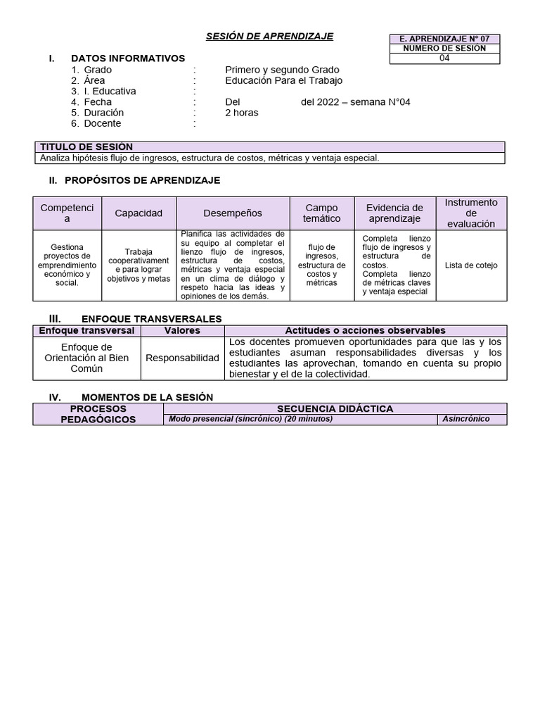 SESIÓN DE APRENDIZAJE N° 4 - 1 Y 2 grado - VII - EA | Descargar gratis PDF | Aprendizaje ...