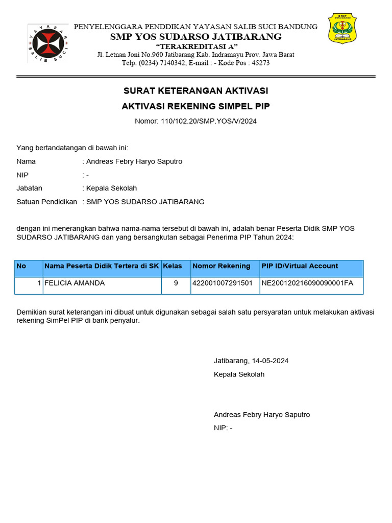 Surat Keterangan Aktivasi PIP Nominasi Tahun 2024, SMP YOS SUDARSO ...