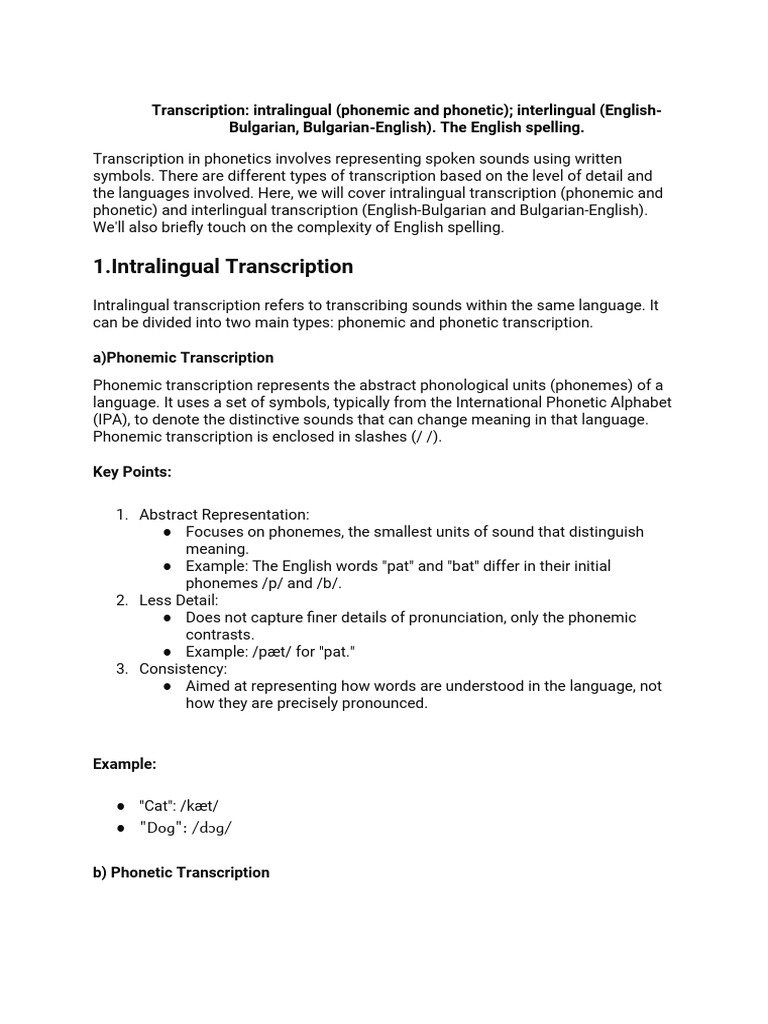 Phonetics Transcription - Intralingual (Phonemic and Phonetic ...
