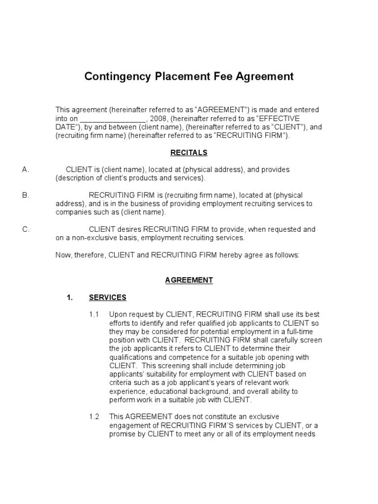 Contingency Placement Fee Agreement 213140640 | PDF | Indemnity ...