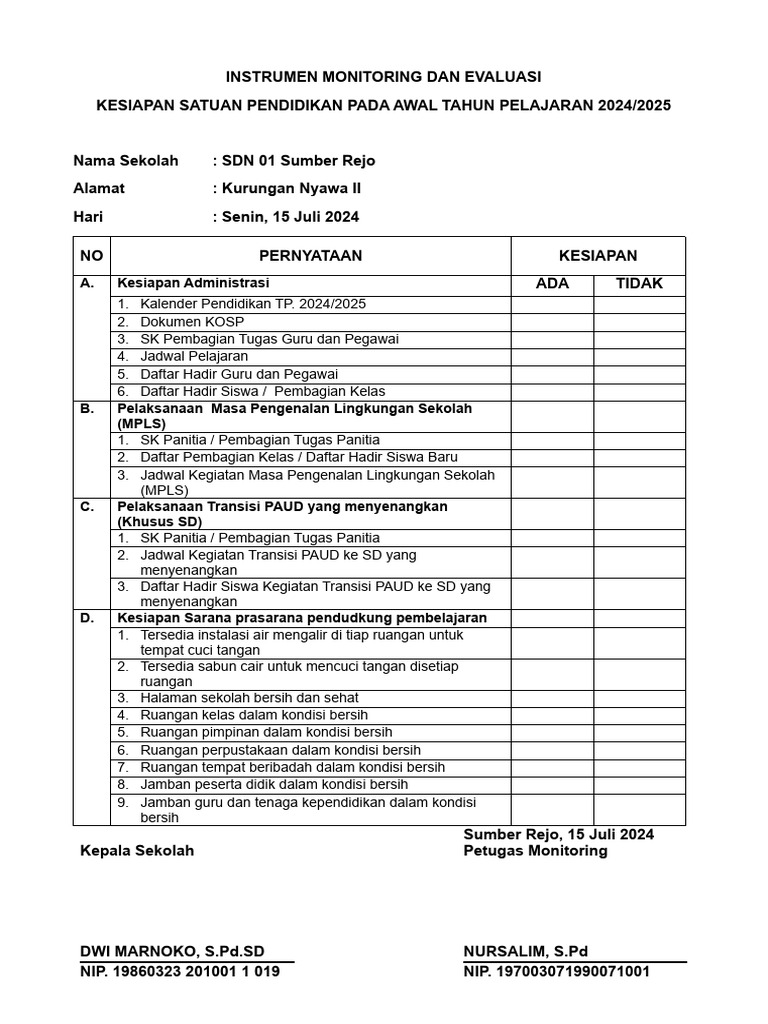 Instrumen Monitoring Dan Evaluasi MPLS 2024-2025 | PDF