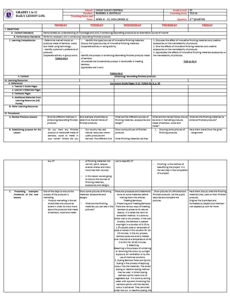 DLL - Tle 6 - Q4 - W2 | PDF | Varnish | Paint