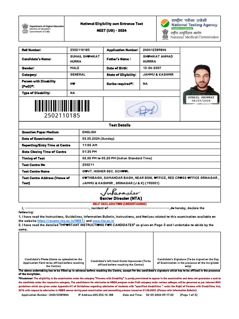 Admit Card Suhail Neet | PDF | Identity Document