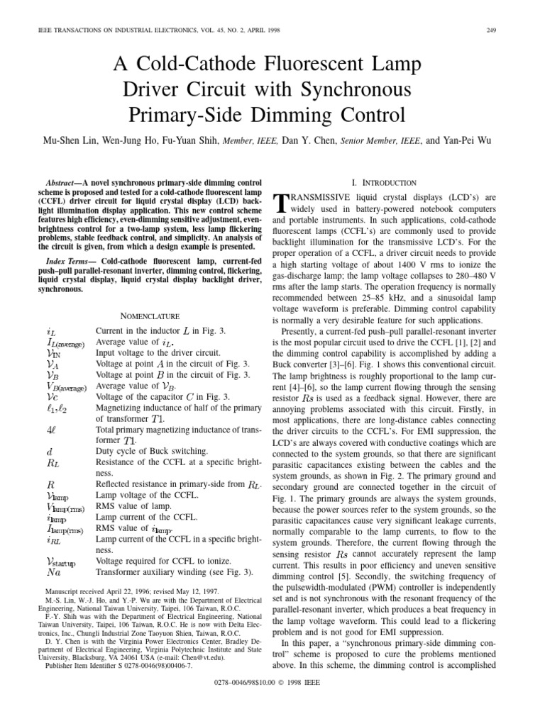 A Cold-Cathode Fluorescent Lamp Driver Circuit With Synchronous Primary-Side Dimming Control ...