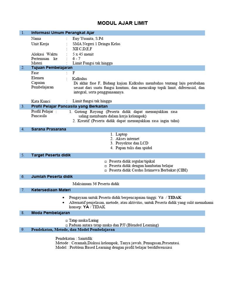 Modul Ajar Enyyus Mat - TL Xii - Limit 3 | PDF