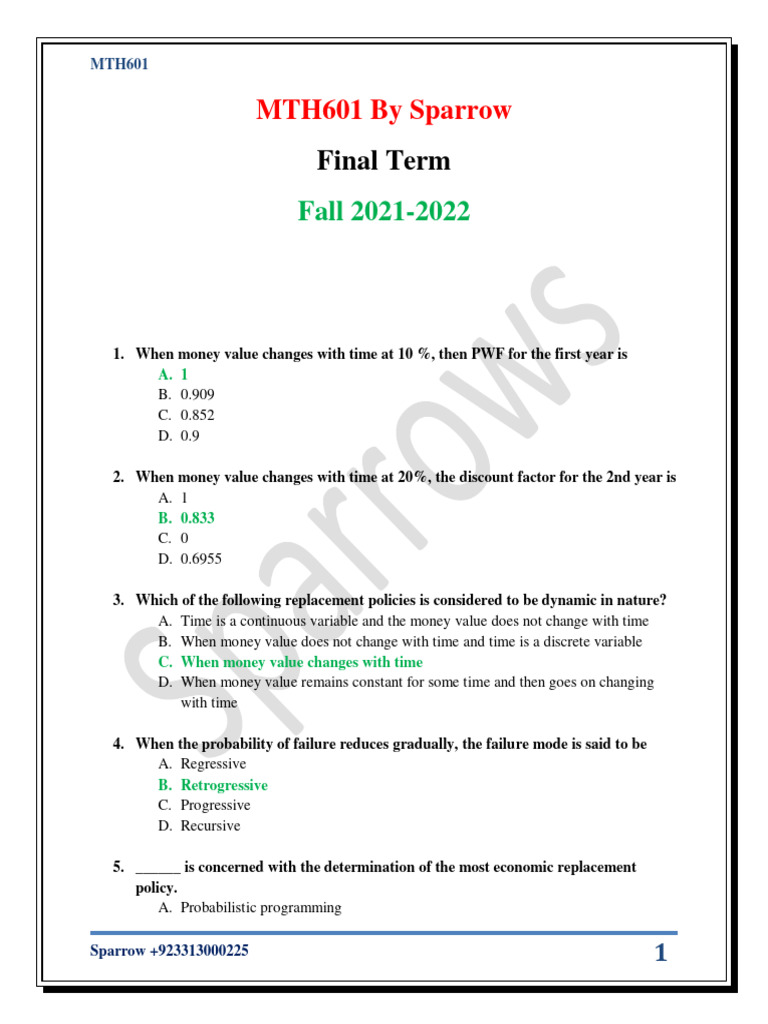 MTH601 Final Term MCQ's by Sparrows | PDF | Mathematical Optimization | Linear Programming