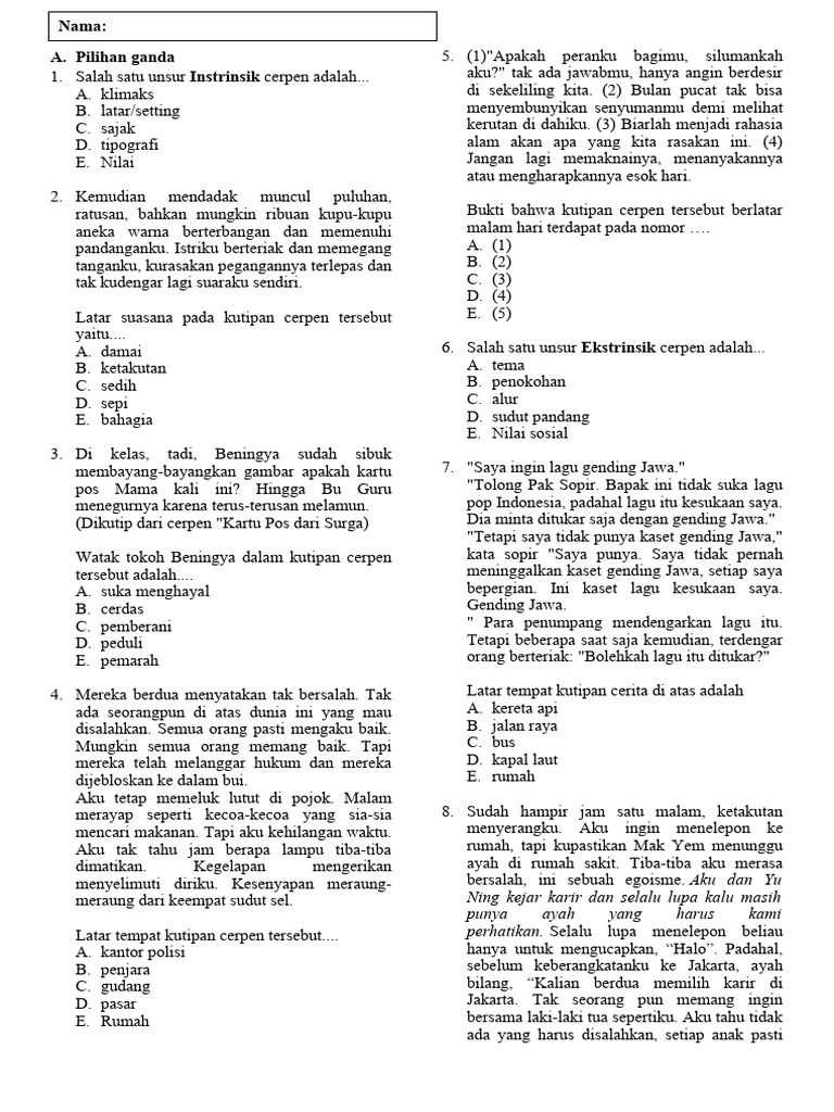 Ulangan Kelas XI Unsur Cerpen Karyawan | PDF | Puisi