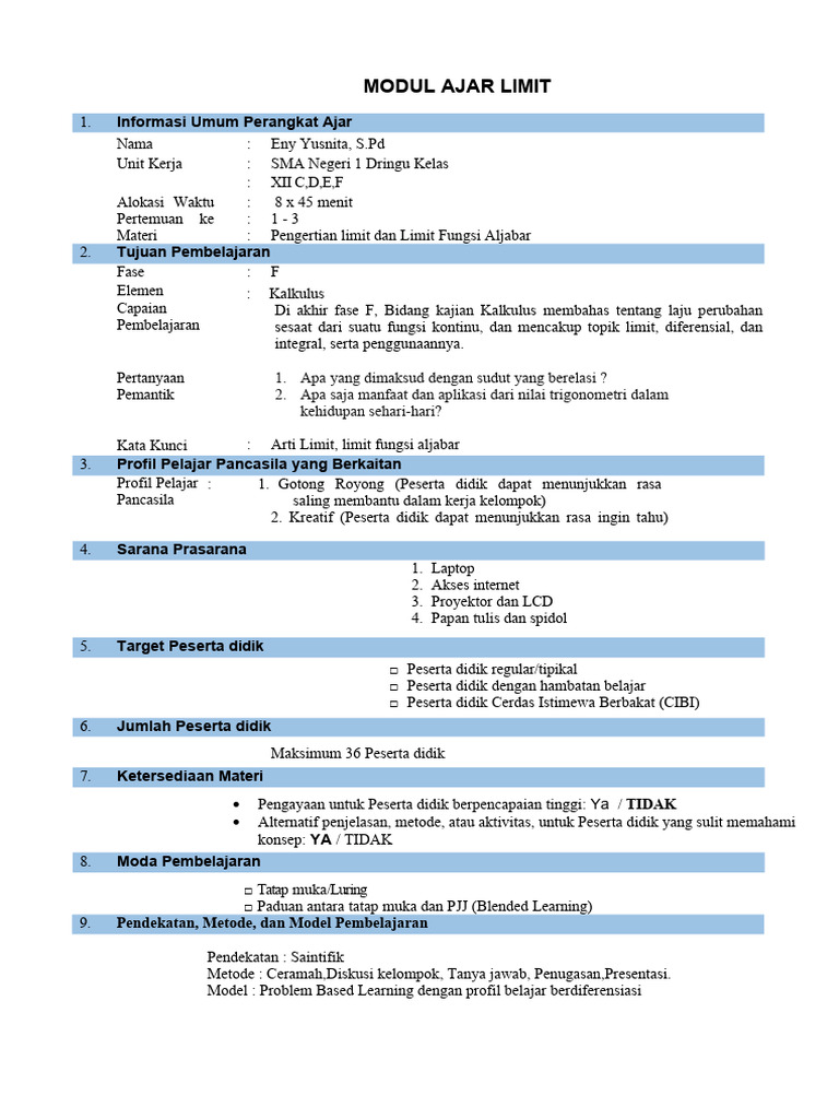 Modul Ajar Enyyus Mat - TL Xii - Limit 1 | PDF