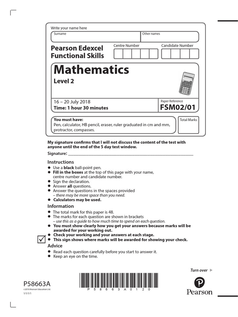 Edexcel Functional Skills Maths Level 2 July 2018 Past Paper | PDF | Area