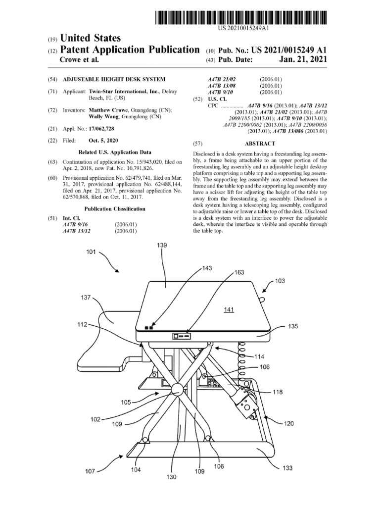 Adjustable Height Desk System Patent | PDF | Priority Right | Desk