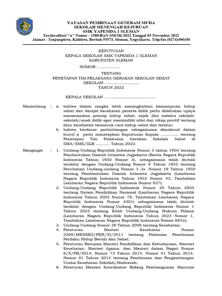 Tim Pelaksana Sekolah Sehat 2023 | PDF
