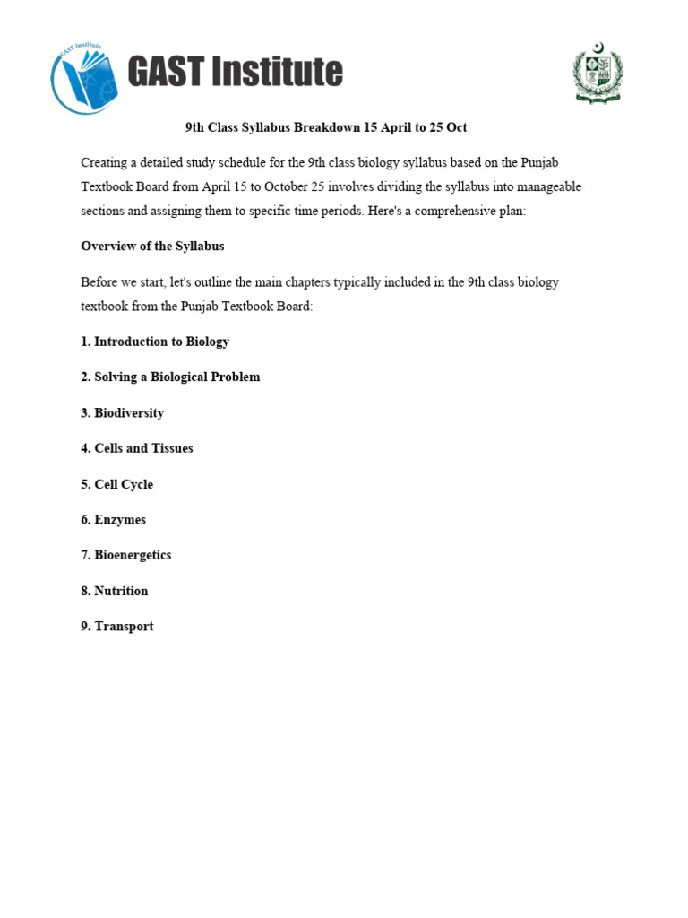 9th Class Syllabus Breakdown 15 April To 25 Oct | PDF | Biology | Cell ...