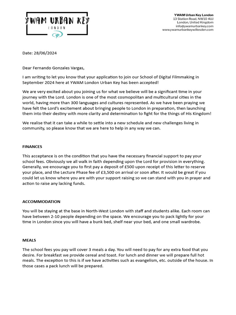 Acceptance Letter SDF 2024 - Fernando Gonzales Vargas | PDF | Lunch | Meal