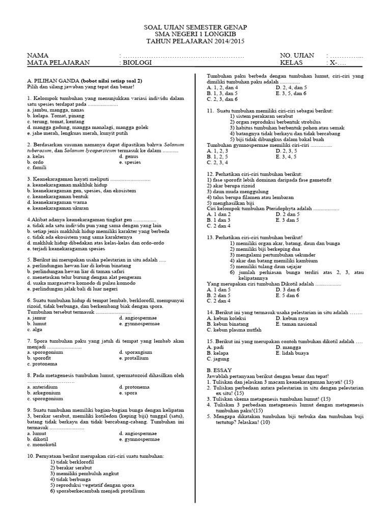 Soal Ujian Semester Genap Biologi X | PDF | Seni & Disiplin Bahasa | Griya & Taman