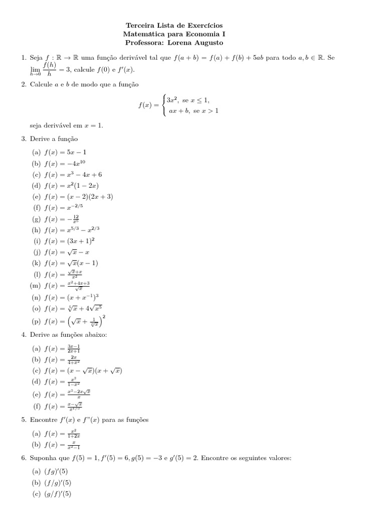 Lista de Exerccios 3 Mat I | PDF | Matemática | Objetos matemáticos