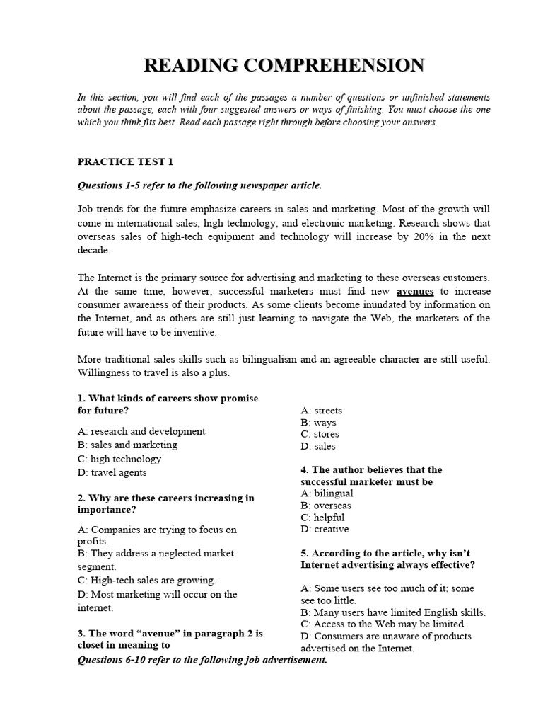 Reading Comprehension Practice Test | PDF | Marketing