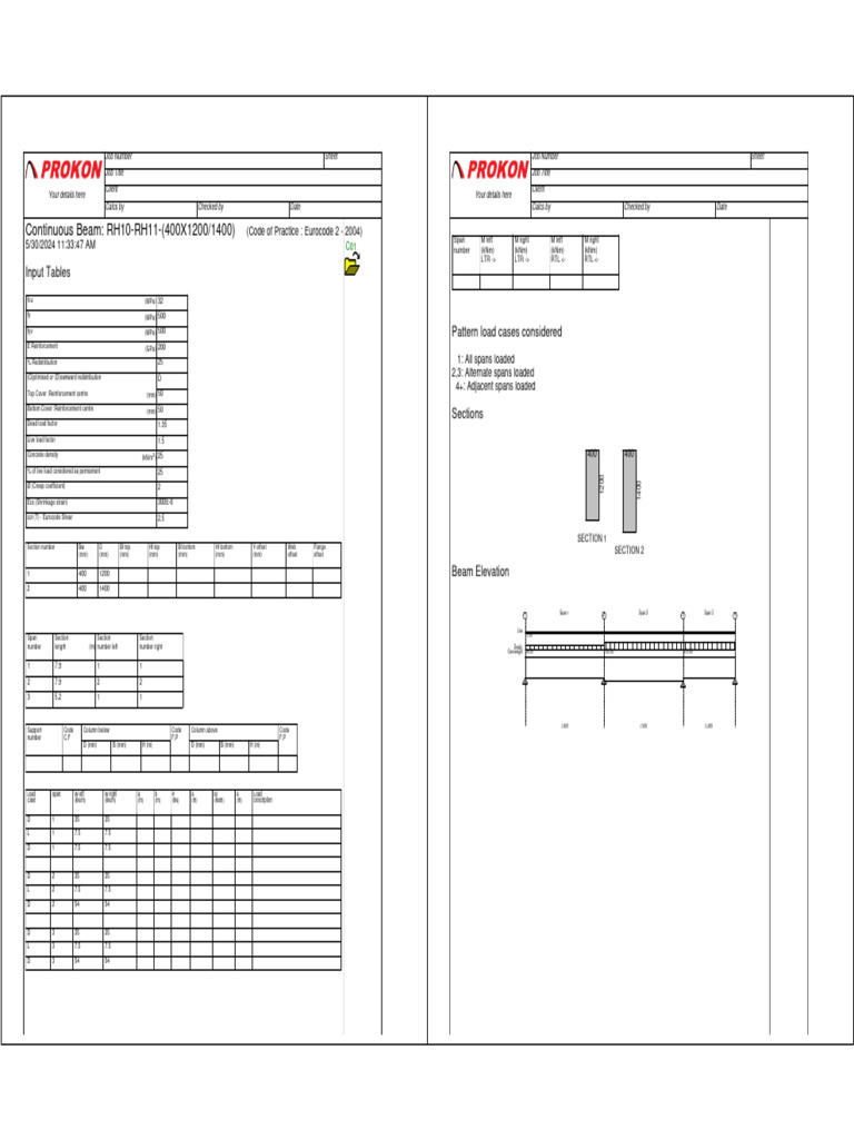 Continuous Beam: RH10-RH11 - (400X1200/1400) : Input Tables | PDF