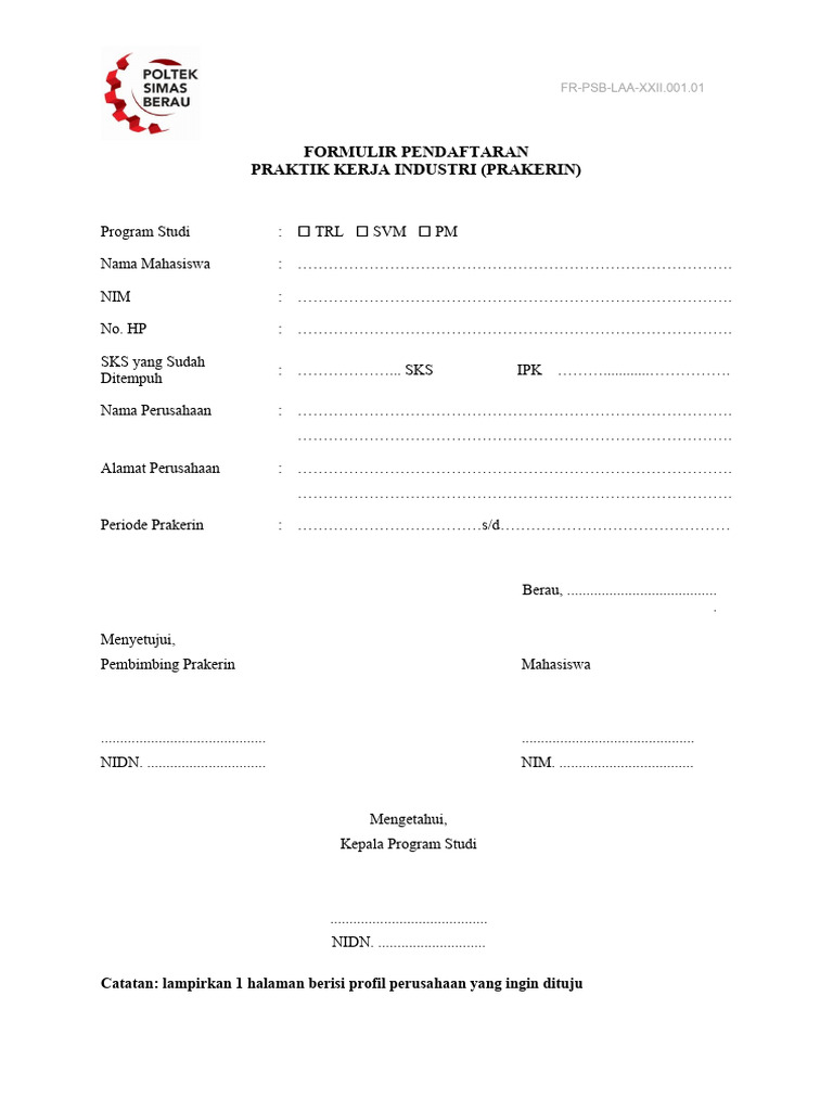 Form Pendaftaran Prakerin | PDF