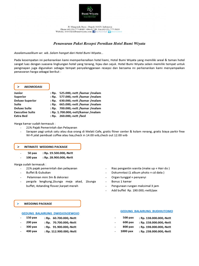 Penawaran Paket Wedding Hotel Bumi Wiyata Depok 2024 | PDF