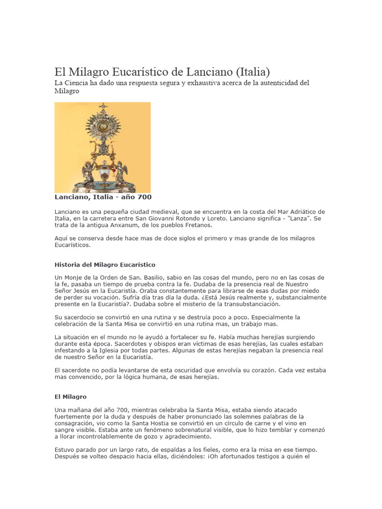 Milagro Eucarístico de Lanciano: Historia y Fe | PDF | eucaristía | Jesús