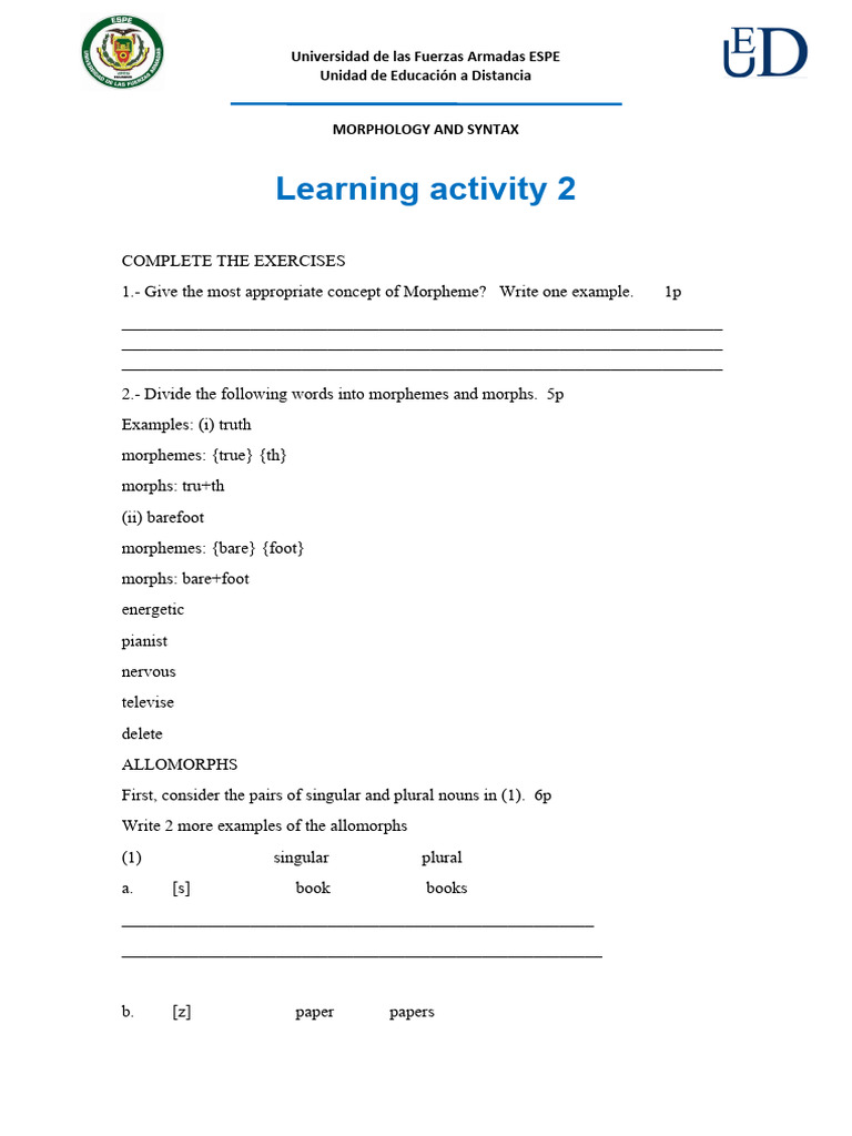 Learning Activity Morphology | PDF | Morphology (Linguistics) | Plural